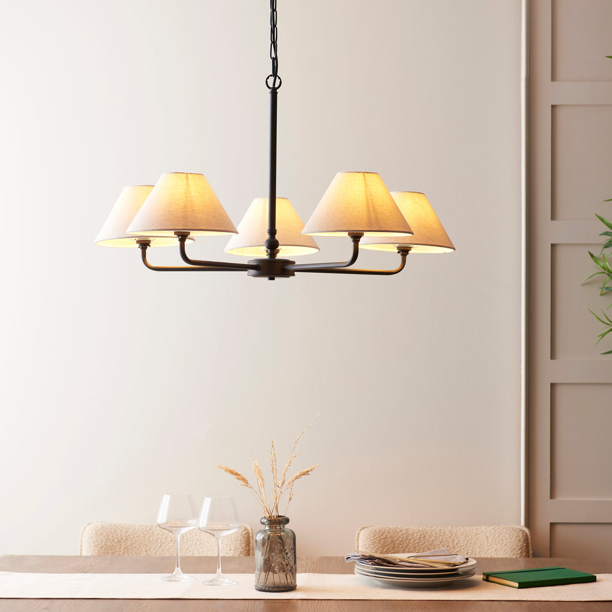 Endon Lille 5lt Pendant Matt black & natural faux linen – Amos Lighting ...