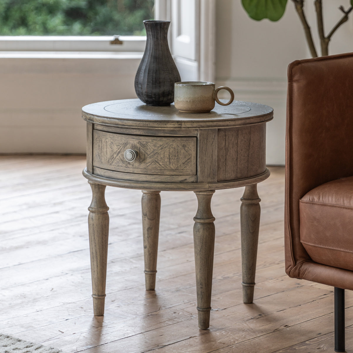 Rustique Round Side Table with Drawer Mindy Ash | Amos Lighting – Amos ...