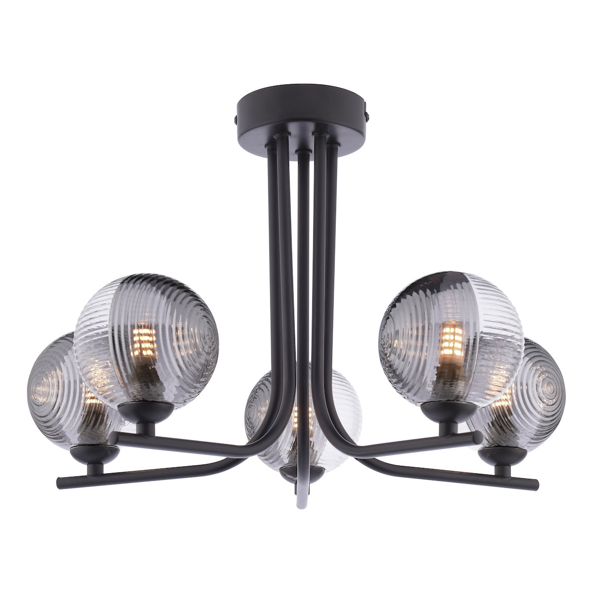 Dar Cradle 5 Light Semi-Flush Matt Black & Smoked/Clear Ribbed Glass ...
