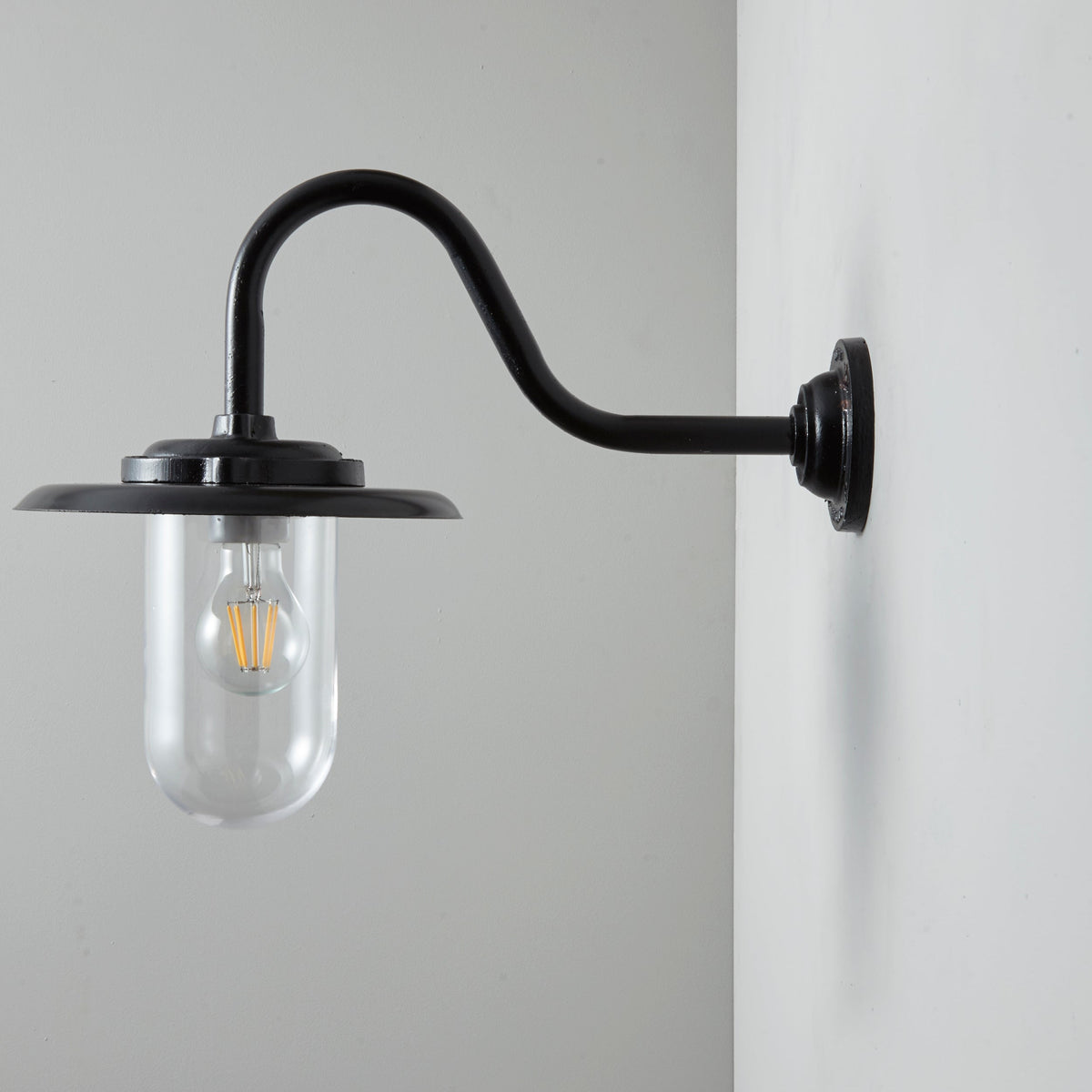 Davey Lighting Black Iron Exterior Swan Neck Wall Light 7677, Clear Gl ...