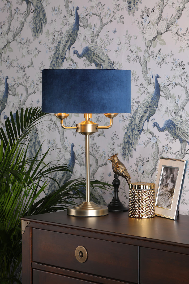 Laura Ashley Sorrento Table Lamp Brass & Blue Velvet – Amos Lighting + Home